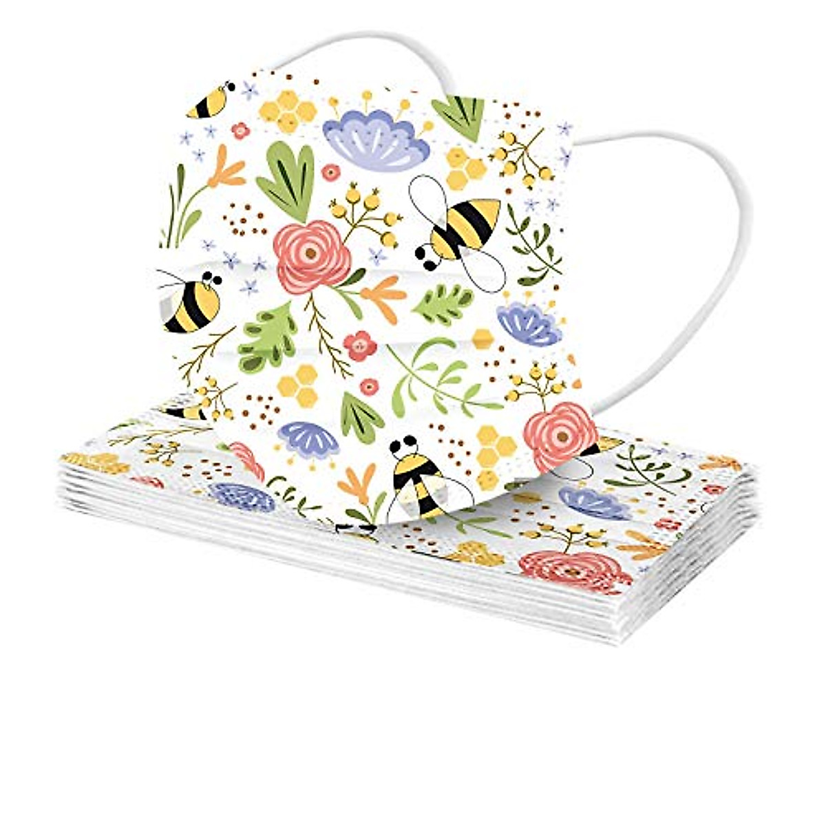 Hozxclle 50 PC Adult Summer Disposable Face_Masks Bee Floral Printed Print Face Bandanas Facecover Breathable 3 Ply Filter,Green