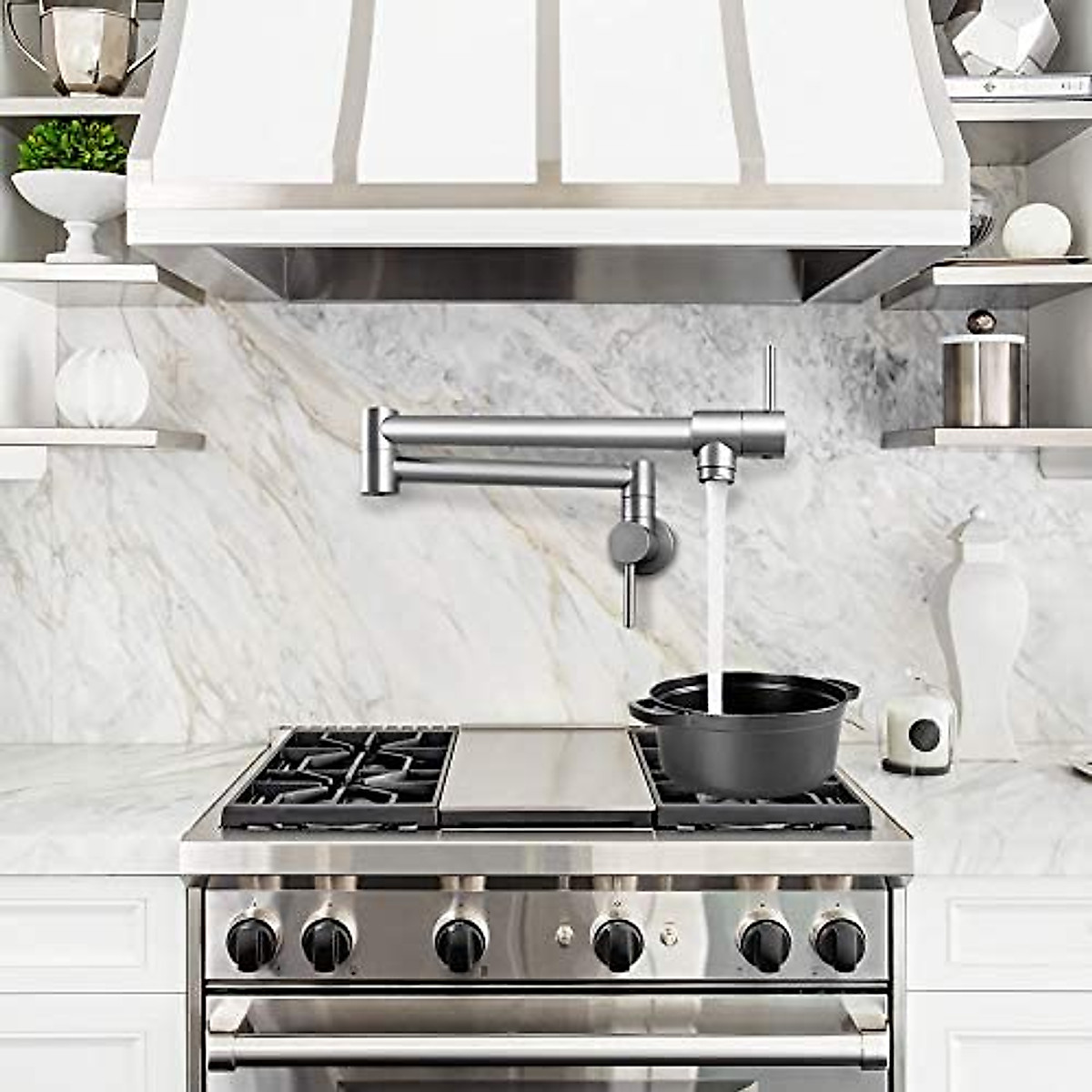 QWORK Stainless Steel Wall Mount Pot Filler Faucet - 1/2"-14 NPT Thread, Commercial Kitchen Sink Faucet with Foldable Stretchable Double Handles and Single Hole Configuration