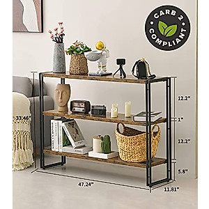 Bookshelf,3-Tier Open Bookcase,Rustic Wood and Metal Industrial Display Book Shelves Home Office,Bedroom Standing Shelf Unit,Horizontal Kitchen Shelf Organizer,Bathroom Storage Rack Mid Century 47in