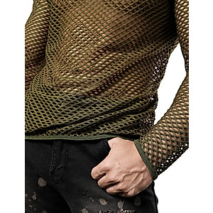 JOGAL Men's Mesh Fishnet Fitted Long Sleeve Muscle Top Small WG04 ArmyGreen