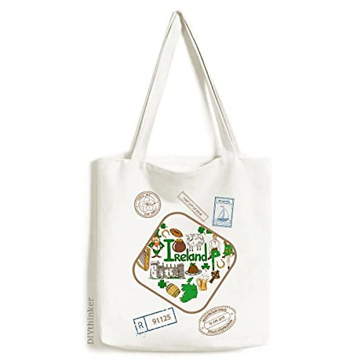 Ireland Love Heart Landscap National Flag Stamp Shopping Ecofriendly Storage Canvas Tote Bag