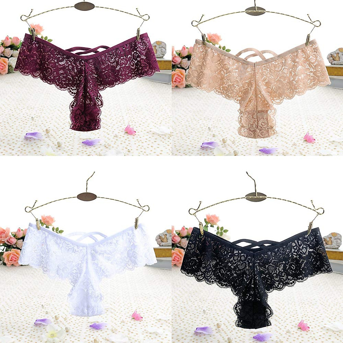Anna & Eric Women's Floral Lace Thongs Bikini Panties Sexy Lingerie Panty T Back Underwear… (US, Alpha, Small, Regular, Regular, N+P+B+W)