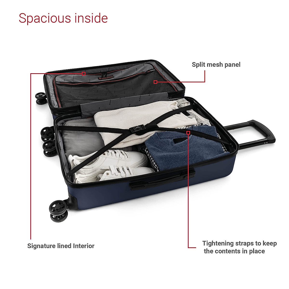 Swiss Mobility LGA Collection 3 Piece Hard Shell Luggage Set, Expandable Suitcases with 360-Degree Spinner Wheels, Retractable Handle, 20 Inch Carry On, 24 Inch Mid-size, 28 Inch Large Bags, Navy