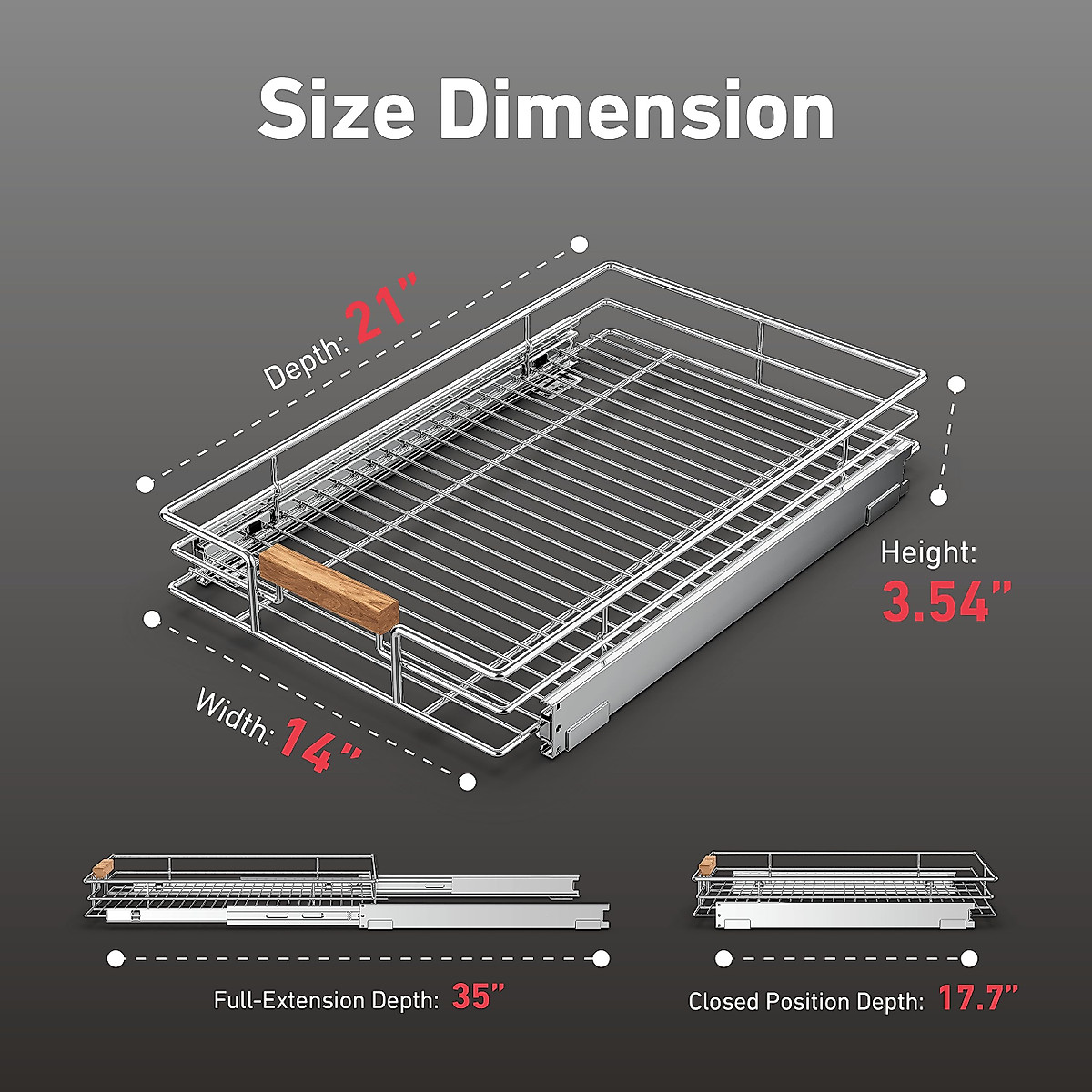 Mount Walker Pull Out Cabinet Organizer(14" W x 21" D), Heavy Duty Slide Out Pantry Shelves, Pull Out Storage Shelf Drawer Basket for Kitchen Cabinet, Roll Out Shelf Storage for Pots, Chrome