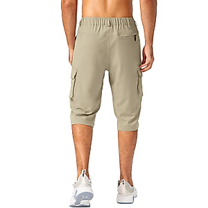 Pudolla Men's Capri Pants Quick Dry 3/4 Long Shorts with 6 Pockets for Workout Athletic Golf Hiking(Khaki Large)