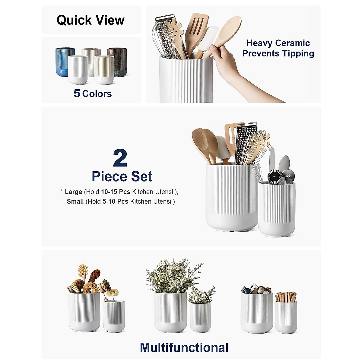 LE TAUCI Utensil Holder, 7.3"+5.4" Ceramic Kitchen Utensil Holder for Countertop, Large Cooking Utensil Crocks for Kitchen Counter, Morden Utensil Organizer for Spatula, Kitchen Decor, Set of 2, White