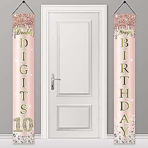 10th Birthday Door Banner Decorations for Girls, Pink Rose Gold Happy 10 Birthday Door Porch Backdrop Party Supplies, Ten Year Old Birthday Sign Decor