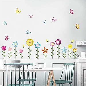 IKEYU Garden Flower Wall Decals Colorful Flower Wall Stickers Spring Garden Wall Stickers Flower Butterfly Wall Stickers for Bedroom Girls Room Kids Nursery