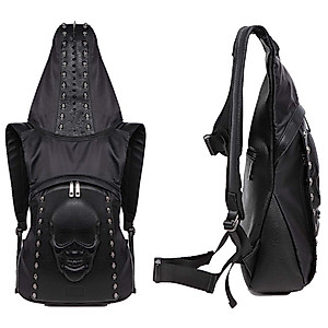 Chikencall Skull Backpack Hooded Skull Gothic Rucksack Rivet Studded Zipper Shoulder Purse Black Punk Metal 3D Stereo Daypack