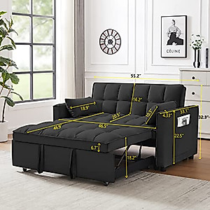 ERYE Loveseat Sofa Convertible Sleeper Couch Bed W/Pull Out Sleep Daybed, Functional Reclining Backrest Love Seat Sofa & Couch for Living RoomTwin Black Velvet 2 Pillows Both Side Pockets