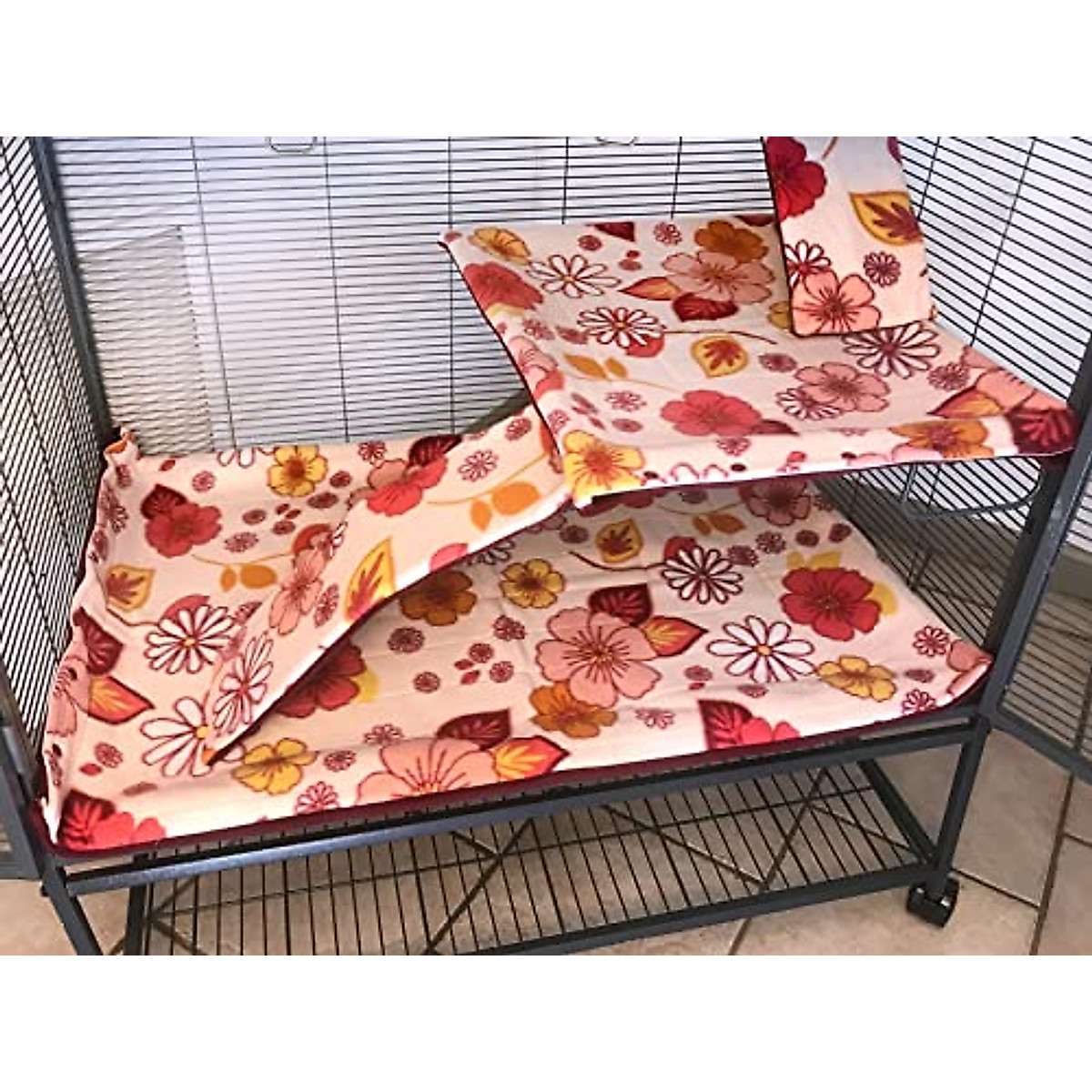 Handmade Fleece Cage Liners for Midwest Double Critter/Ferret Nation, Full set 7-pieces, Rats, Ferrets, Chinchillas, other small animals (Fall Floral on Pink, Maroon)