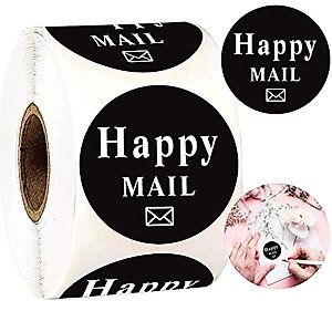 1.5" Happy Mail Business Stickers-Happy Mail Packaging Labels Envelop Seals 500 Pcs Post Package Labels Black Business Mail Packing Stickers Adhesive Labels for Small Business and Online Shop Owners