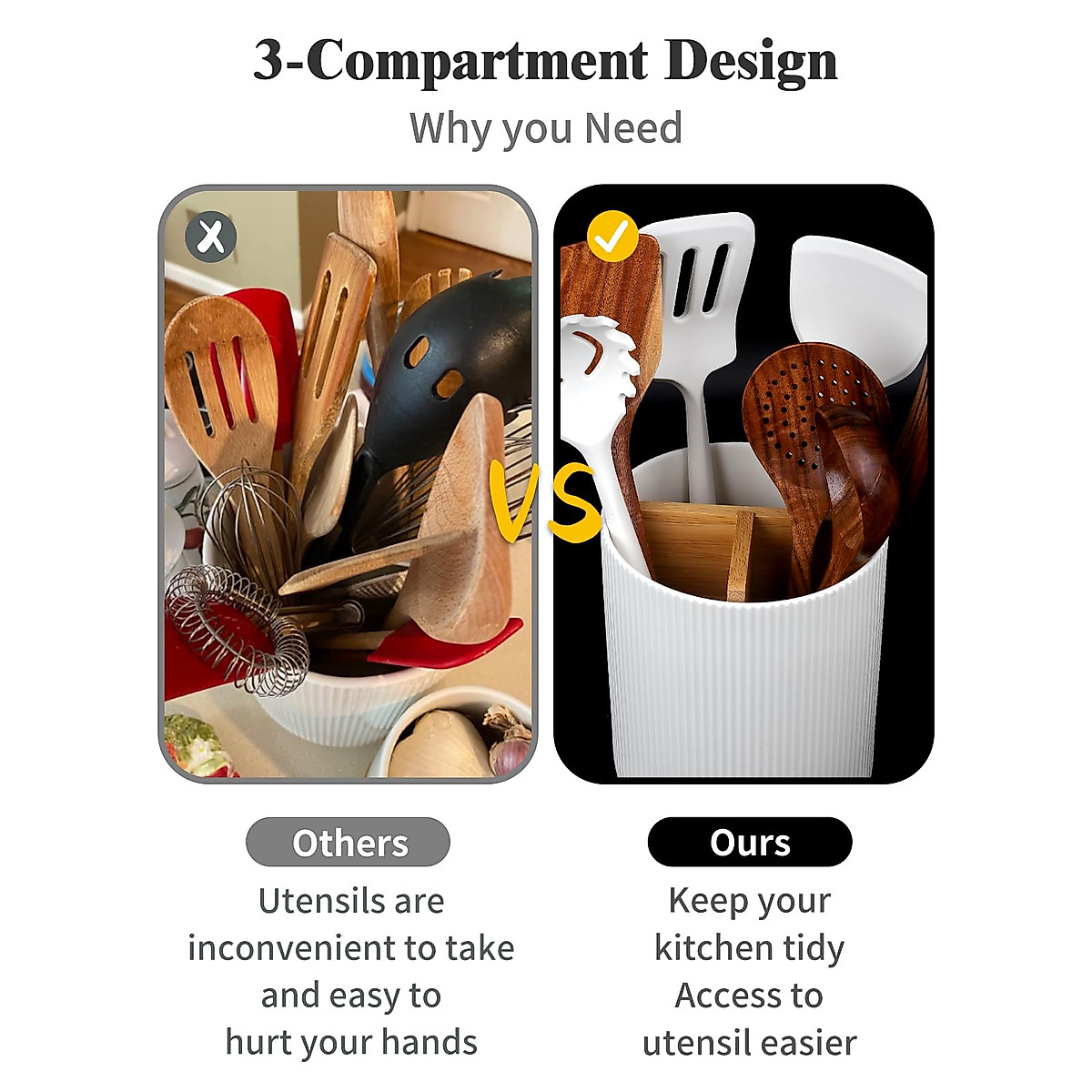 LoeJan 3 Compartment Utensil Holder, 7.2" Extra Large Utensil Crock, Stable Ceramic Utensil Organizer, Cooking Tool Organizer Set for Kitchen Counter Farmhouse Decor