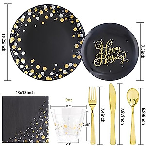 Nervure 175PCS Happy Birthday Plates - Black Plastic Plates with Gold & Silver Dot Include 25 Dinner Plates, 25 Dessert Plates, 75 Plastic Silverware, 25 Cups, 25 Napkins for Birthday & Party