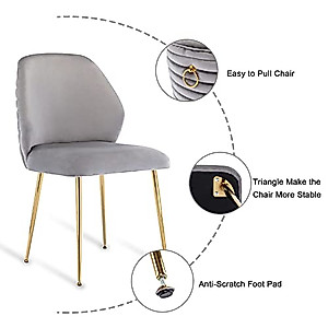 Guyou Grey Velvet Dining Chairs Set of 2, Modern Upholstered Dining Room Chairs Tufted Armless Side Chair with Gold Legs and Ring Pull for Kitchen Living Room Bedrooms Vanity (Grey)