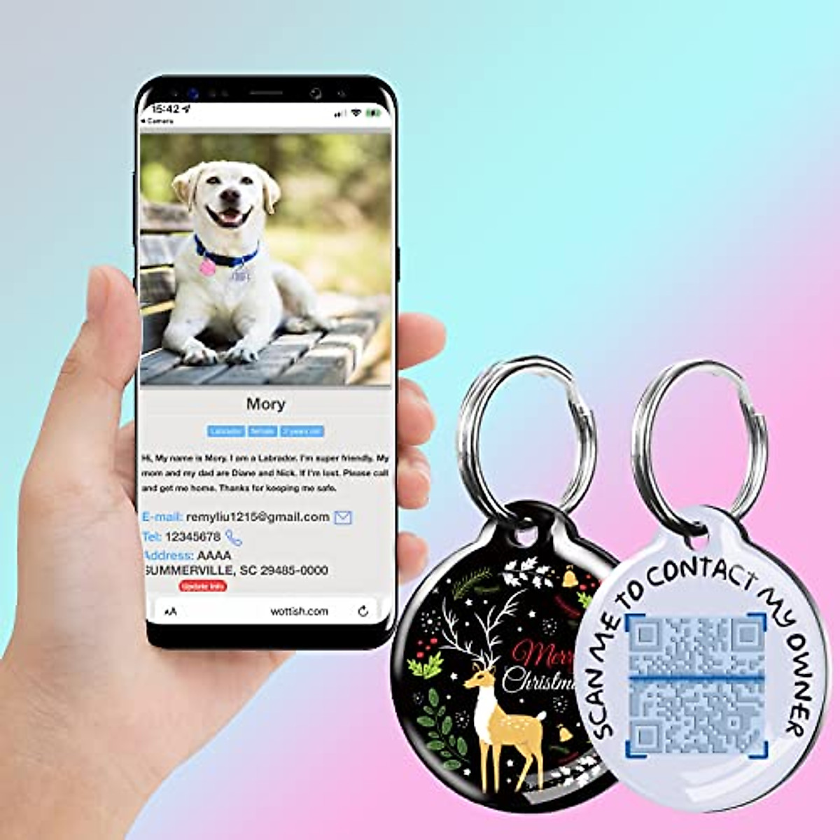 Christmas Reindeer Pattern Dog & Cat Tag - QR Code Pet ID with Online Profile - Festive Personalized Name - Holiday Themed Nameplate for Pets - Cute Seasonal Gift(Merry Christmas)