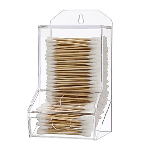 Hipiwe Clear Qtip Dispenser Wall Mount Acrylic Q Tip Holder Bathroom Cotton Ball Organizer Box with Lid Vanity Storage Canister Box for Cotton Swabs Dental Floss, 4"x 3.5"x 6.7"