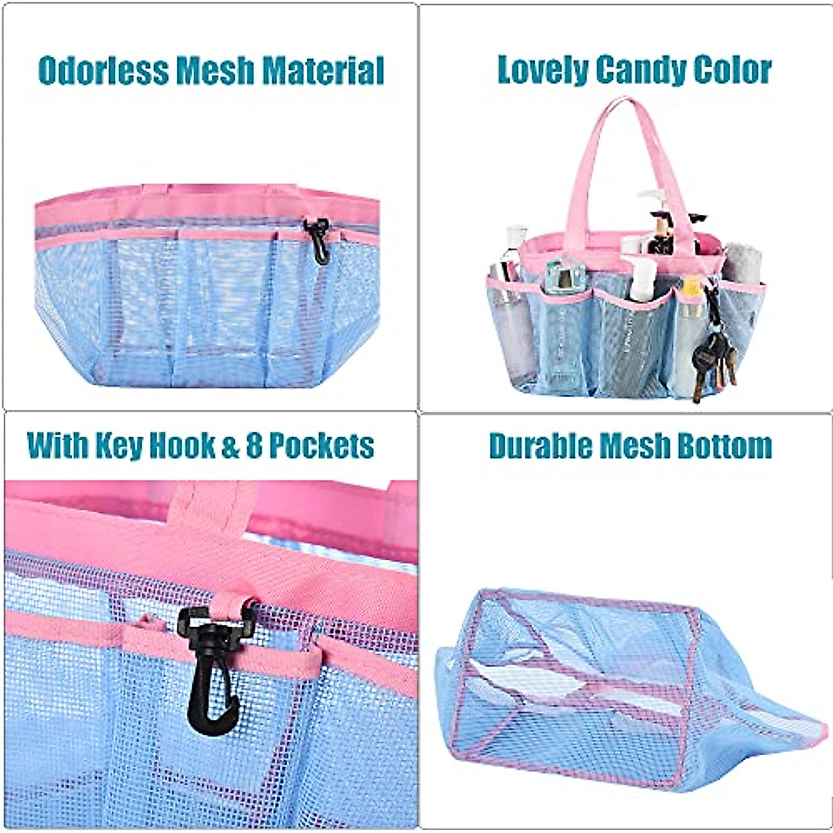 WEHUSE Portable Shower Caddy Mesh Bag, College Dorm Bathroom Caddy with Key Hook and 7 Pockets, Quick Dry Mesh Shower Basket Tote for Camp Gym