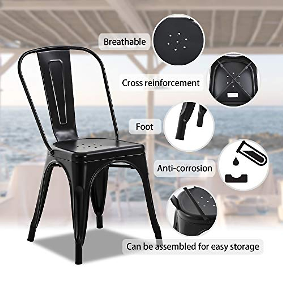 HCB Metal Dining Chairs Set of 4 Indoor Outdoor Patio Chairs Stackable Kitchen Chairs with Back Restaurant Chair 330 LBS Capacity (Black)