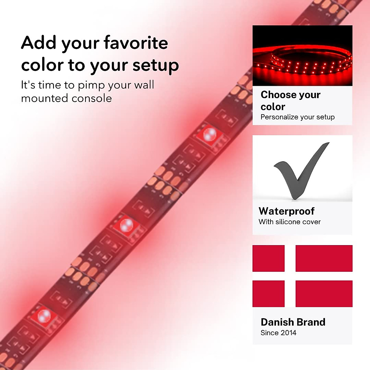 FLOATING GRIP USB LED Light Strip Mood Lighting Accent & Gamer Decor for Video Gaming Consoles & Game Rooms - Compatible with PlayStation or Xbox - Adhesive Strips (0.5 Meter, Red)