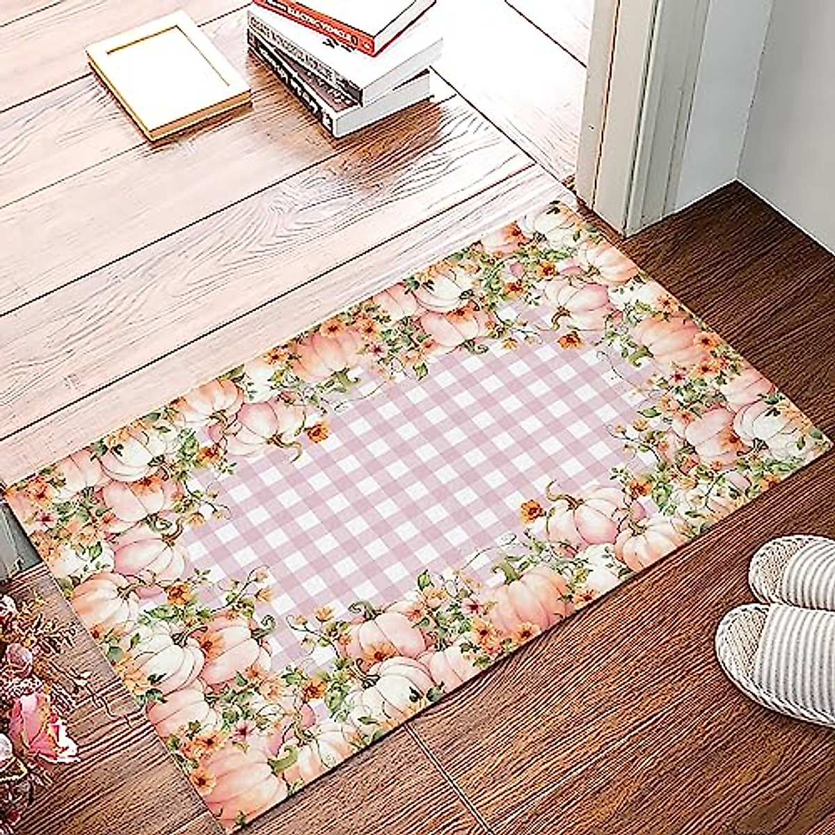 Absorbent Door Mat, Non Slip Floor Mats Low-Profile Small Rugs for Entryway, Thanksgiving Pumpkin Fall Sunflower Pattern Front Indoor/Outdoor Doormat - Easy to Clean 16"x24"