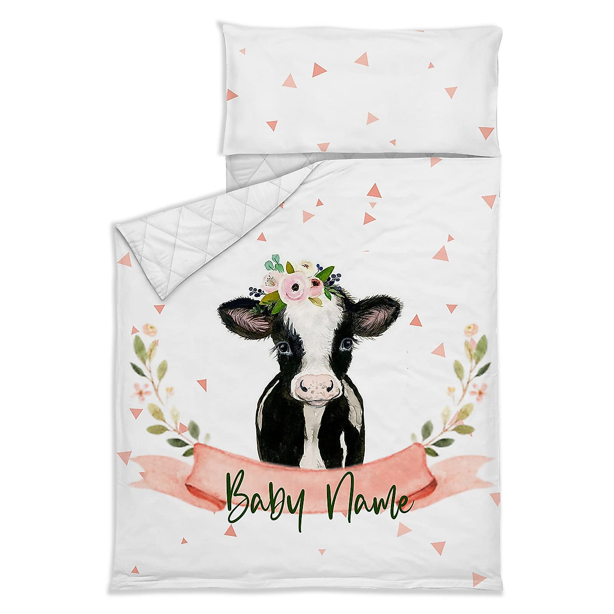 Cute Cow Toddler Nap Mat with Pillow Case and Blanket Quilt, Personalized Sleeping Bags with Name for Daycare Kindergarten Travel, Customized Slumber Bags for Kids Girls Boys, Sleep Sack
