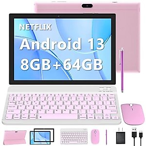 Android 13 Tablet with Keyboard, 2 in 1 Tablet 10.1 Inch, 6GB RAM+64GB ROM/512GB Expandable Tablet PC, 2.0Ghz Quad-Core HD IPS Screen, 8MP Camera, 2.4G/5G WiFi 6 BT 5.0 Tablets with Case Mouse Stylus