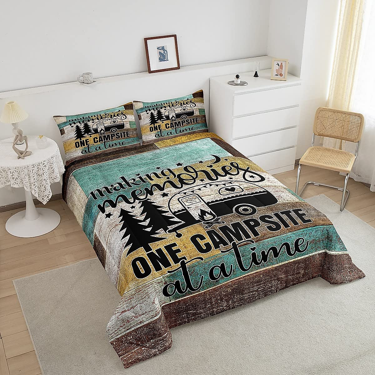 Camper Theme Comforter Set Brown Green Wooden Cabin Bedding Set Queen Size 3pcs,Kids Boys Girls Room Decor Black Camping Car Sketch Quilted Duvet Men Women Rustic Style Duvet Insert,2 Pillowcases
