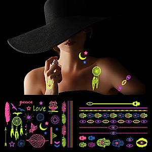 HOWAF 8 Large Sheets Neon Temporary Tattoos, 100+ Shimmer Designs Glow UV Neon Body Face Skin Tattoo Wolf Jewellery Tattoos Flash Fake Waterproof Tattoo Stickers for Women Men Girls Body Art