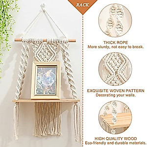 JERZO Macrame Hanging Wall Shelves, Boho Decor, Swing Rope Floating Shelf, Rustic Wood Storage Shelf for Bedroom Bathroom Living Room Nursery Dorm Room, Décor Plant Display