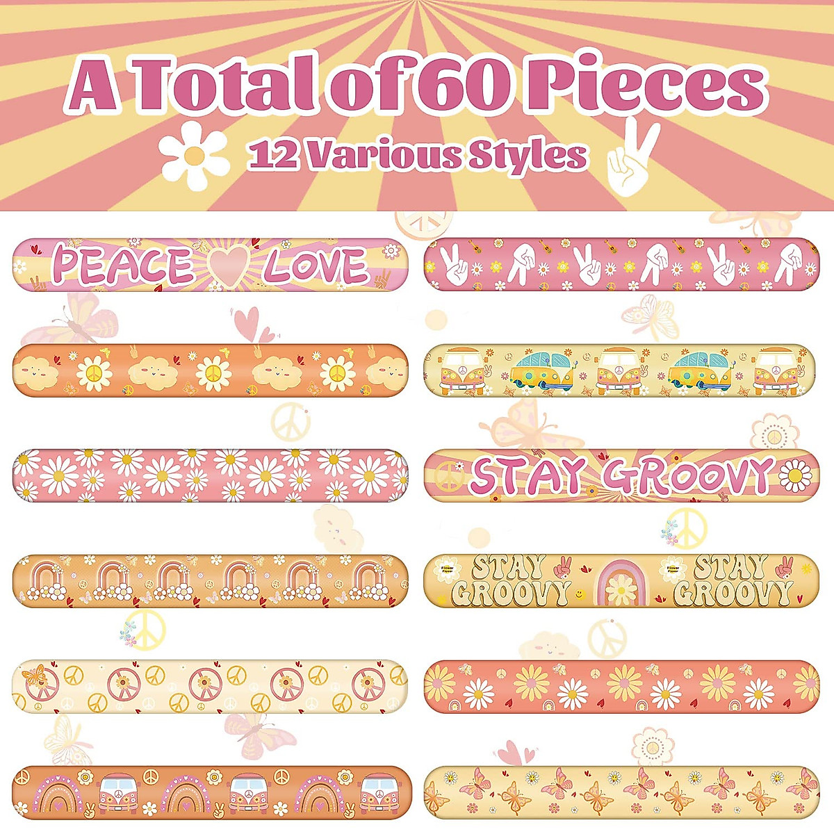 YYMYMGJ 60 Pieces Groovy Slap Bracelets Hippie Boho Wristbands Daisy Flower Peace Rainbow Butterfly and Love Bracelets for 60s 70s Groovy Party Favors Gifts Birthday Party Supplies Decorations