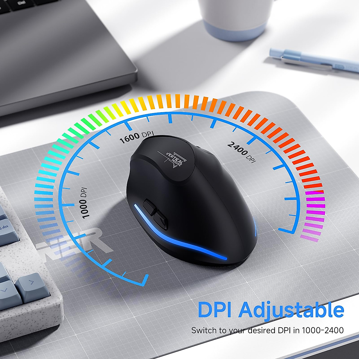 ECHTPower Wireless Bluetooth Mouse, Ergonomic Mouse with LED Light, Tri-Mode BT5.0+BT5.0+2.4GHz, Vertical Mouse Adjustable DPI 2400/1600/1000, Rechargeable Mice for PC, Laptop, Mac, Windows