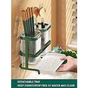 FEIJSQIU Utensil Holder with 2 Compartments Cooking Utensil Holder for Cooking Tools Storage and Utensil Organizer Utensil Drying Rack has Tray at Bottom for Easy Drainage.Clean Easy (Green)