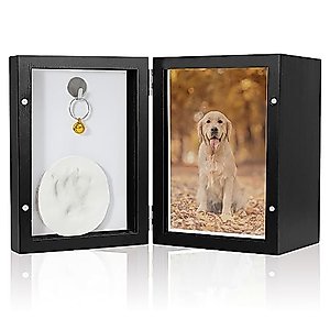 Montessori & Handmade Pet Dog Urns for Ashes, Dog or Cat Memorial Urns for Ashes, Wooden Pet Cremation Box with Picture Frame, Paw Print Making Kit Included, 4" x 6" Photo Insert (Black)