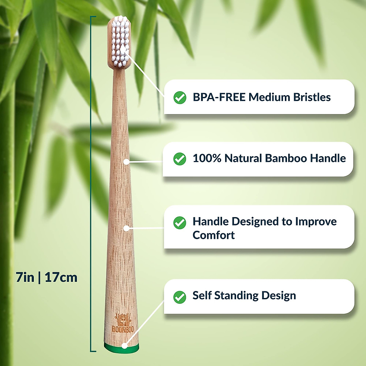 BOONBOO Bamboo Toothbrushes, Wooden Handle, Stand-Up, Pack of 4, Adult
