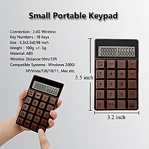Seaciyan Wireless Number Pad, Ergonomic Cute Mini Portable Digital Keyboard, Cordless External Numeric Keypad with Financial Accounting Calculator (Brown)