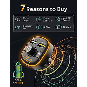 Arsvita Bluetooth FM Transmitter for Car, Radio Receiver / Audio Adapter with Dual Car Charger, Support QC3.0 Quick Charging, Hands-Free Calling and Hi-Fi Sound Playback, Black