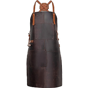 Theodore Top Grain Leather Apron - 32.5” H x 24.5” W with Adjustable Crossback Leather Straps. Our Leather Apron for Men has 2 Large Pockets and a Towel Strap. Grill Apron is Flame & Heat Resistant