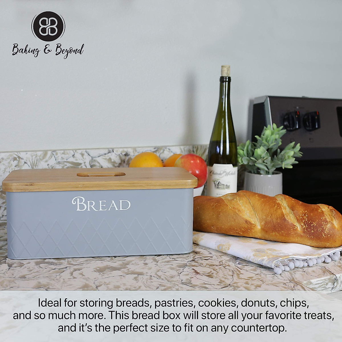 Baking & Beyond Bread Box with Bamboo Cutting Board Lid, 13"x7.5"x5" Space-Saving Bread Box for Kitchen Countertop, Bread Storage Container Holder, Bread Keeper Bin - Fresh Loaves, Black