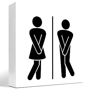 Wc Toilet Funny Male Female Sign Wood Block Sign Desk Decor,Rustic Wooden Box Plaque Sign Desk Decor for Home Office Toilet Bathroom Restroom Shelf Table Decorations