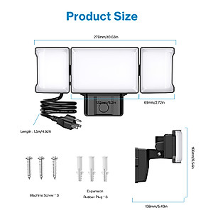 Olafus 60W Flood Lights Outdoor Plug in, Switch Controlled 6000LM LED Security Light, 6500K Outside Floodlights, IP65 Waterproof Exterior Flood Light Fixture for House Backyard Garage Patio Black