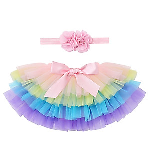 Baby Girls Rainbow Tutu Skirt with Headband Sets Toddler Girl Tulle Bloomers Diaper Covers Bowknot Bottom Skirts Skorts Tutu for Baby Girl 1st Birthday Cake Smash Outfit Rainbow 6-12 Months