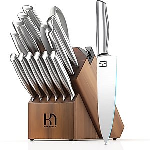 KnifeSaga 2024 Upgraded Knife Set 14 Piece Premium Japanese High Carbon Stainless Steel Kitchen Knife Block Sets with Built-in Sharpener, Razor Sharp Knives Set for Kitchen, Angled Acacia Wood Block