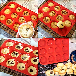 Silicone Muffin Pan 12 Cups, Amison Cupcake Baking Pan/Tray, Non-Stick Silicone Mold, Dishwasher - Microwave Safe (12 Cups, Red)