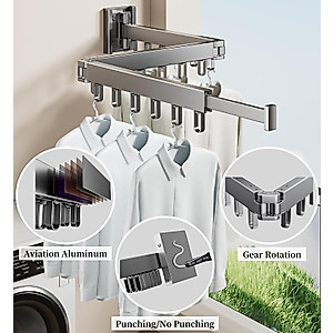 ASDMD Clothes Drying Rack, Laundry Drying Rack Wall Mount, Foldable Clothes Drying Rack,Retractable,Collapsible(3-Fold,), Grey Space Saver Drying Rack for Laundry Balcony Bathroom (Grey, Gear)