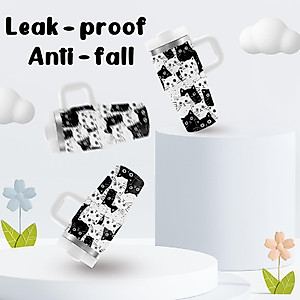 Cat Lover Gifts, Black Cat Tumbler with Handle and Straw for Kids, Birthday Gift for Cat Lovers Girls, 14 oz Stainless Steel Travel Mug for Toddlers, It's Fine I'm Fine Everything Is Fine Cat Mug