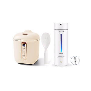 CHACEEF Mini Rice Cooker 2-Cups Uncooked, 1.2L Portable Non-Stick Small Travel Rice Cooker, Beige & CHACEEF Travel Electric Kettle, 350ml Small Portable Kettle with Non-stick Coating, Pink