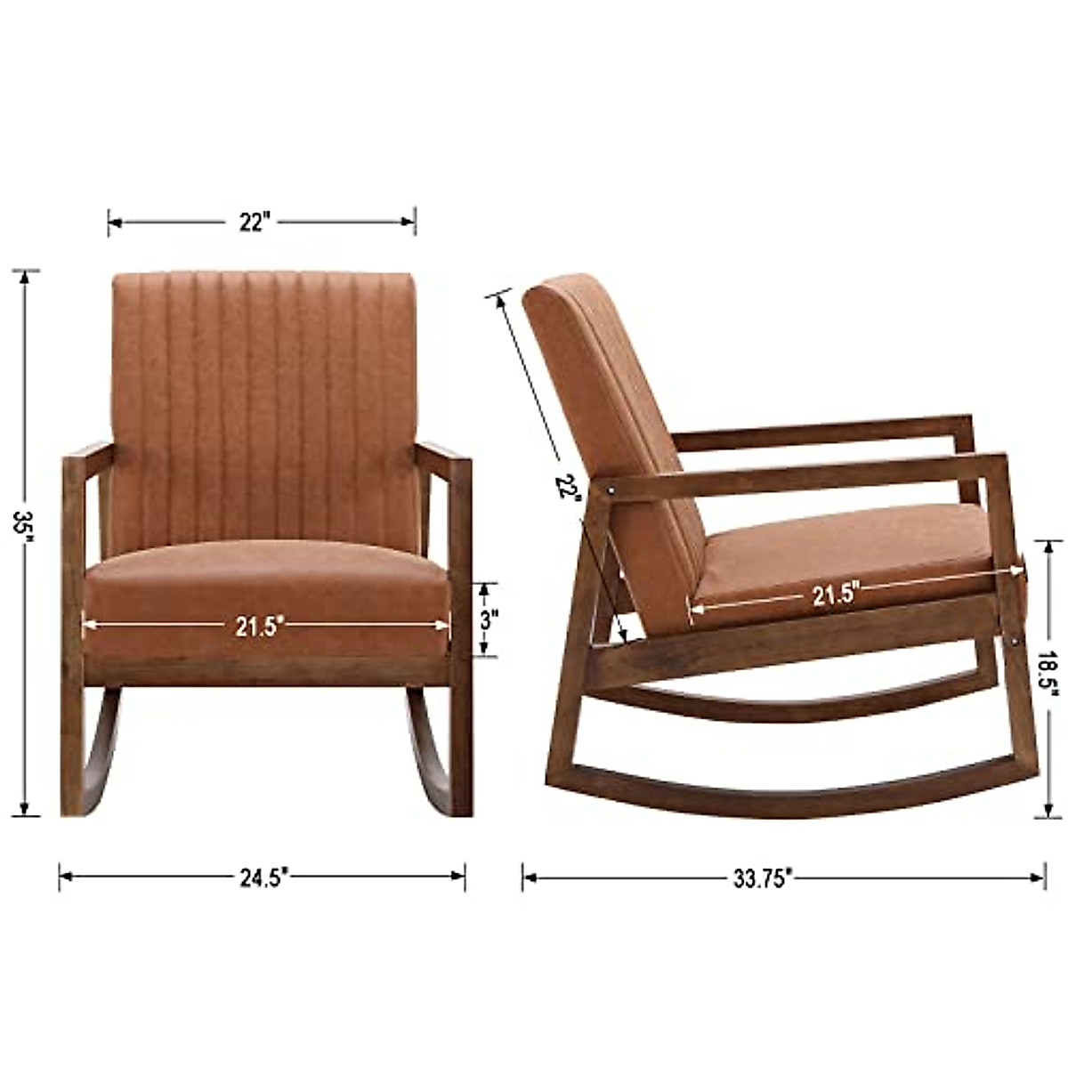 CIMOTA Leather Modern Rocking Chair Mid Century Armchair Upholstered Arm Chair with Padded Seat/Wood Frame, Comfy Rocker for Living Room/Bedroom, Retro Brown PU