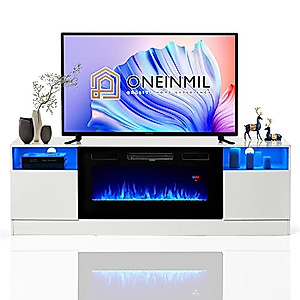 oneinmil Fireplace TV Stand with 36" Electric Fireplace, LED Light Entertainment Center, Modern Wood Texture Entertainment Stand with Highlight Storage Cabinet for TVs Up to 80", 70 inches,White