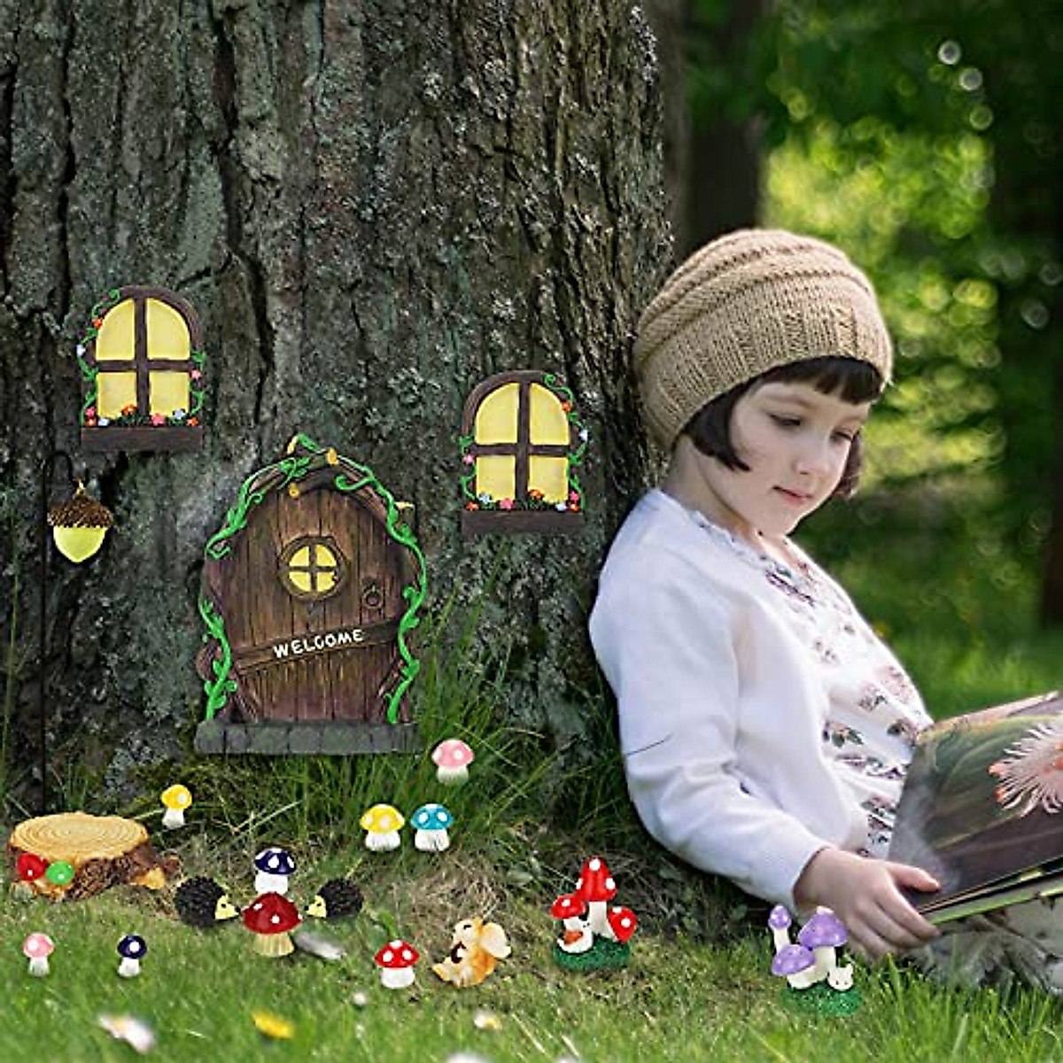 Jetec 21 Pieces Fairy Door and Window, Trees with 2 Window and Light Yard Sculpture Decoration for DIY Micro Landscape Ornament Kid Room, Wall and Tree Outdoor Miniature Fairy Garden Accessories